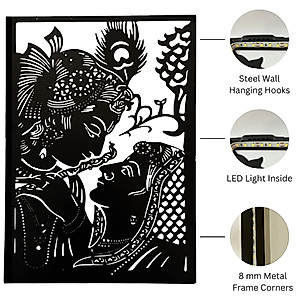 EU Radha Krishna Metal Wall Art Hanging With Backlight Led For Pooja Room Home Deco Lights For Mandir Krishna Swing Jhula Antique Metal Flute Wall Decor For Living Room Big Size