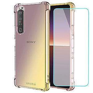 Vokuha for Xperia 1 II Case, XQ-AT51, XQ-AT52 Case with Tempered Glass Screen Protector,Cute Clear Gradient Slim Shockproof TPU Back Phone Protective Cover for Sony Xperia 1 II (Black/Gold)