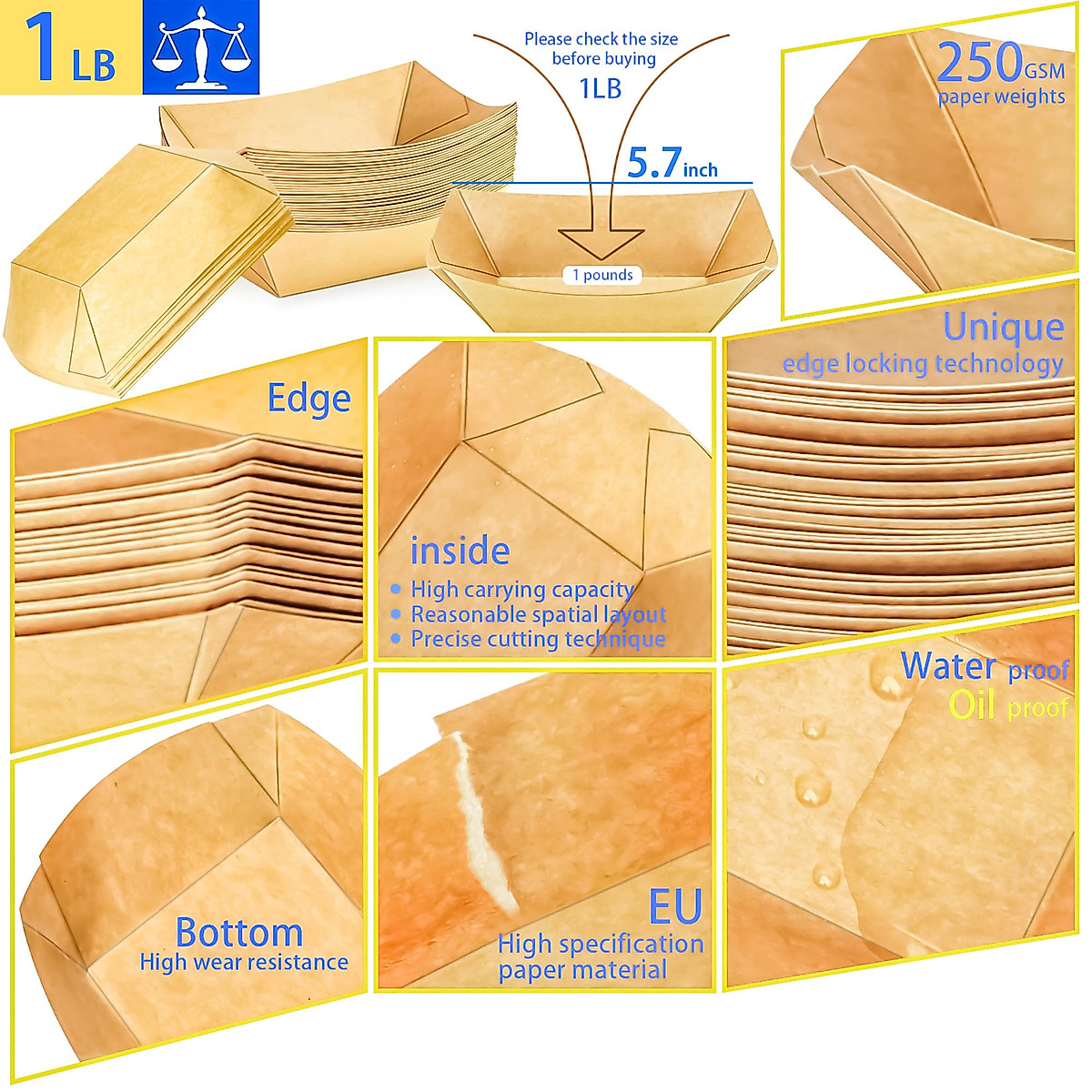 MotBach 250 Pack 1Lb Paper Food Boat Trays Disposable Paper Boats,Brown Kraft Paper Food Trays Paper Food Serving Boat Tray Basket for Snacks Fries Popcorn Sauce Tacos Bakery Nacho