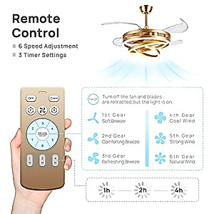 Minfeng Retractable Ceiling Fan with Lights and Remote Control, 42 Inch Farmhouse Ceiling Fans for Bedroom, Living Room, Study, Patio, (Gold)