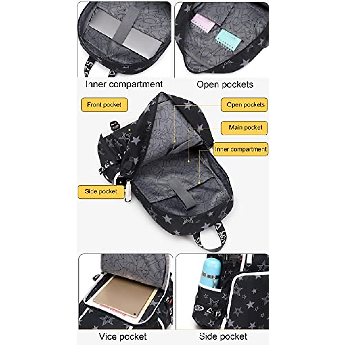 JiaYou Boys Junior Middle School Backpack Men USB High Middle School Laptop Bag Stars Pattern Casual Daypack(Color E,22 Liters)