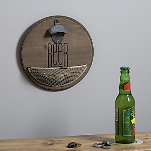 Foreside Home and Garden Rustic Wood Wall Mount Beer Bottle Opener with Metal Basket, Brown