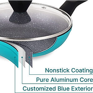 Qstar 12 in Granite Aluminum Nonstick Skillet Frying Pan in Blue with Lid and Cool Touch Handle