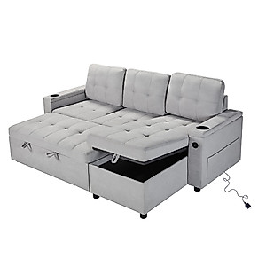 VanAcc Sofa Bed, Modern Tufted Convertible Sleeper Sofa, USB Charging Ports & Cup Holders, Pull Out Couch Bed with Storage Chaise, Chenille Couches for Living Room (Light Grey), 84in x 52in x 36in