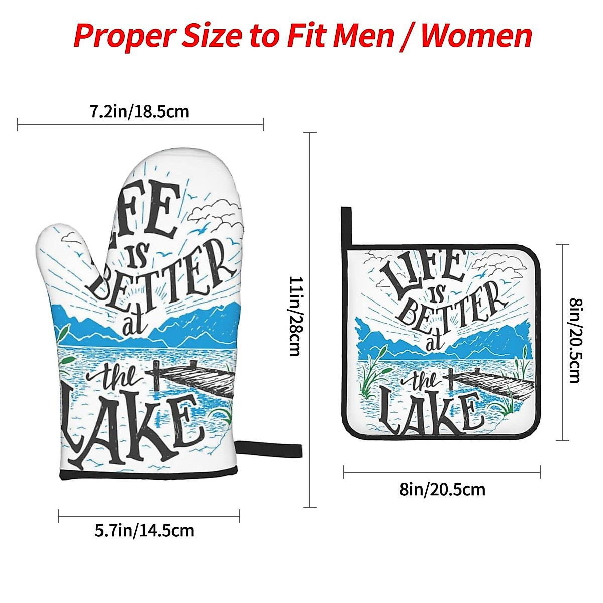 Life is Better at The Lake Pier Plants Mountains Oven Mitts and Pot Holders Sets of 4，Heat Resistant Kitchen Microwave Gloves and Pot Pads with Non-Slip Surface for Grilling Baking Cooking BBQ