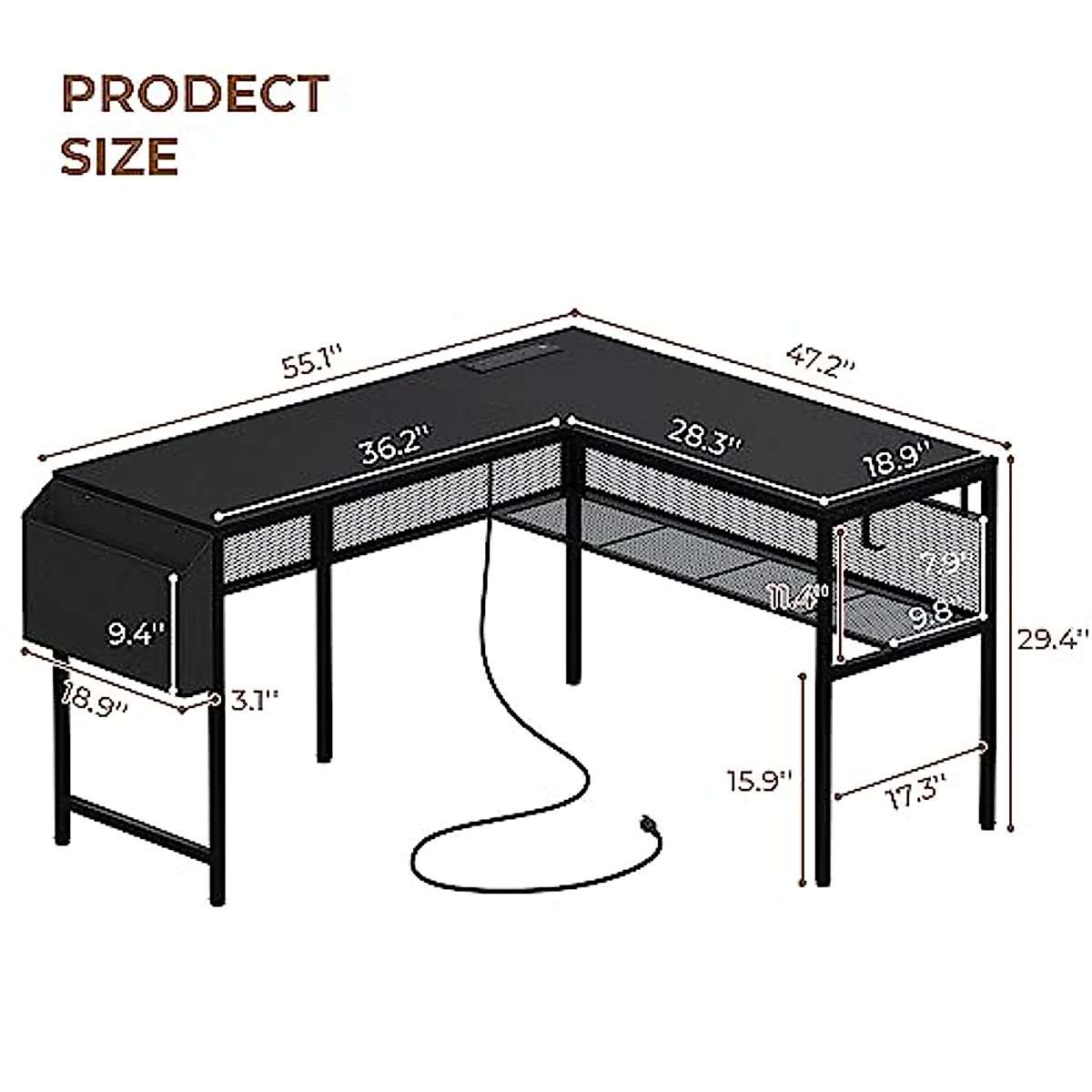 PRAISUN L Shaped Office Desk with Power Outlets, Reversible Computer Desk with Grid Bookshelf and Storage Bag, Gaming Desk, Home Office Desk Corner Desk with Hooks, Black