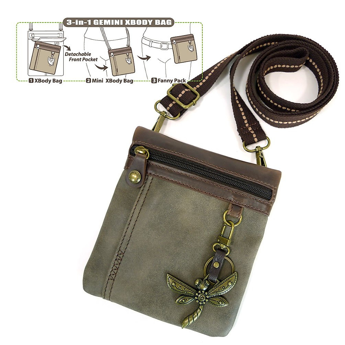Chala Gemini Vegan Leather Crossbody Bag "Dragonfly" Stone Gray
