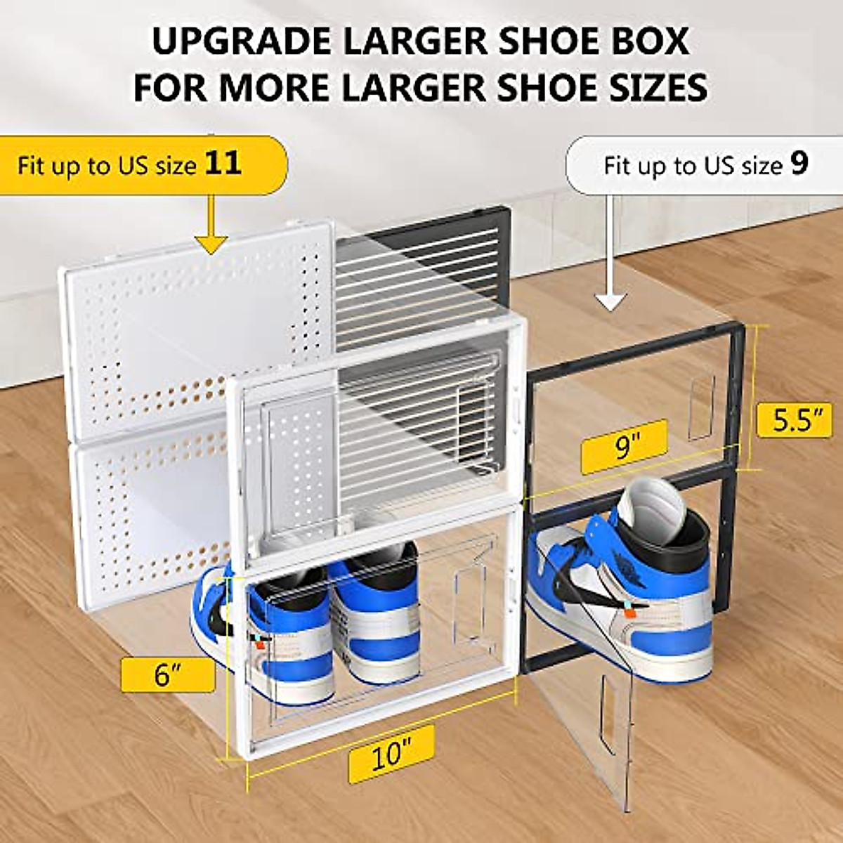 12 Pack Large Shoe Organizer Storage Boxes for Closet, Modular Space Saving Shoe Boxes Clear Plastic Stackable Sneaker Containers Display Case with Lids, White