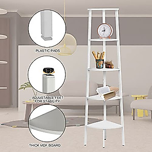 Corner Ladder Wood Shelf, 5-Tier Display Shelves, 62" Tall Rustic Corner Bookshelf, Industrial Corner Bookcase, Storage Rack, Plant Stand for Living Room, Small Space, Home Office, White