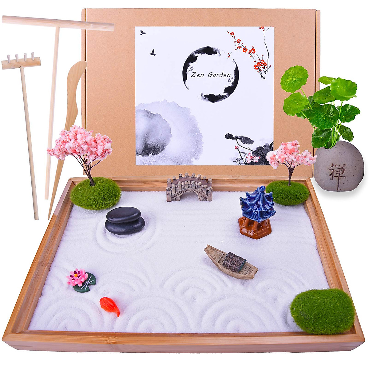 Japanese Zen Garden - Home & Office Desk Mini Garden with Rock Vase Fish Bridge Boat Cherry Trees - Meditation Gift Set for Relaxation - 3 Rake Tools and Zen Accessories (Rectangular)