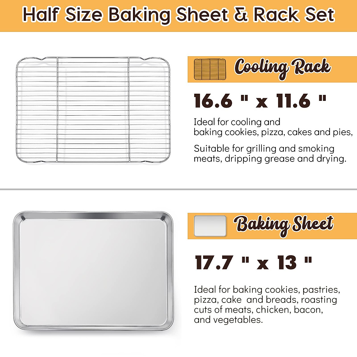E-far Cookie Sheet with Rack Set, Half Sheet Baking Pan for Oven Cooking, 18”x13” Stainless Steel Rimmed Tray with Wire Cooling Rack for Roasting Broiling Bacon Meat Steak - Dishwasher Safe