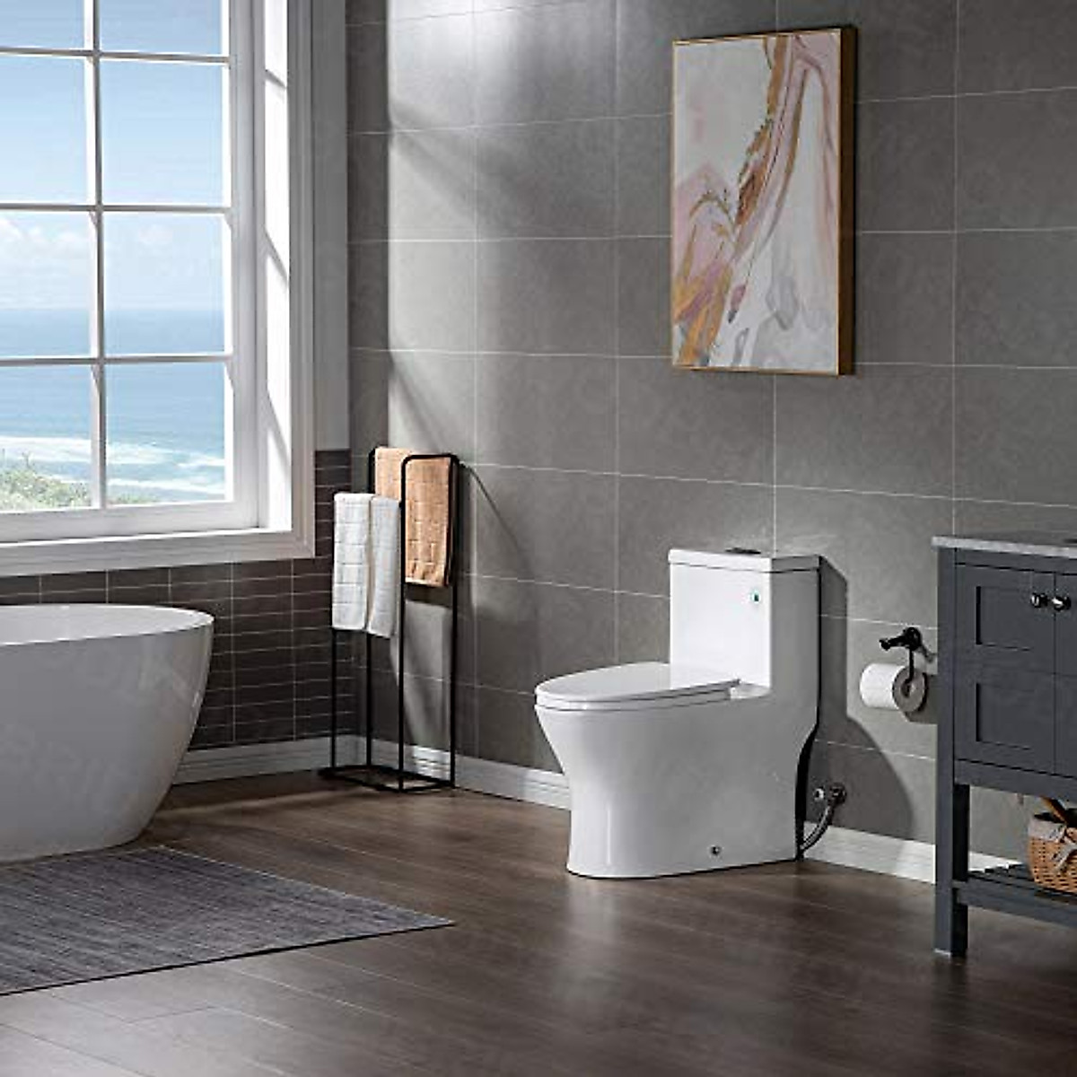WOODBRIDGEE Modern Elongated One piece Toilet Dual flush 1.0/1.6 GPF,with Soft Closing Seat,1000 Gram MaP Flushing Score Toilet with Oil Rubbed Bronze Button,B0750-ORB,White