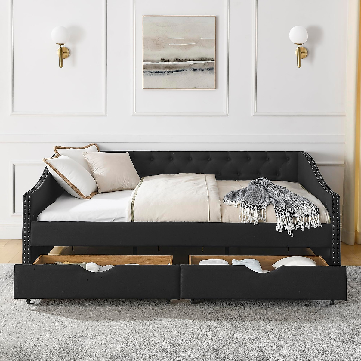 Flieks Linen Upholstered Full Daybed with Two Storage Drawers, Full Size Button Tufted Sofa Bed Daybed with Nailhead Trim and Wood Slat Support (Black)