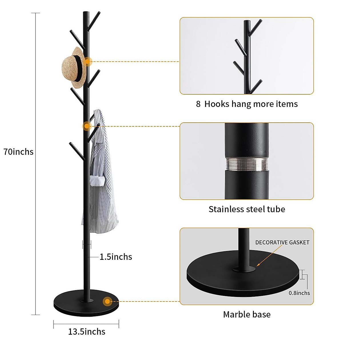 Tenkovic Metal Coat Rack Freestanding Satin Steel With Stable Marble Base,High-Grade With 8 Hooks Metal Coat Hat,Hall Tree for Hanging Clothes, Bags, Hats, Bedroom(Black)