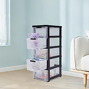 Closet Organizer Storage Drawers, Medium Stationary 5-Drawer with Four Wheels, Plastic Drawer Organizer with Clear Doors for Pantry, Closet, Desk, Home and Office De-Clutter, Shoes and Crafts