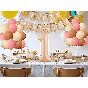 Boho 1st Birthday Decorations For Girls,40 Inch Cream 1 Balloon, Nude Dusty Pink Brown Balloons And Birthday Banner For Boho One Year Old Birthday Decorations Groovy Anniversary Baby Shower Decor