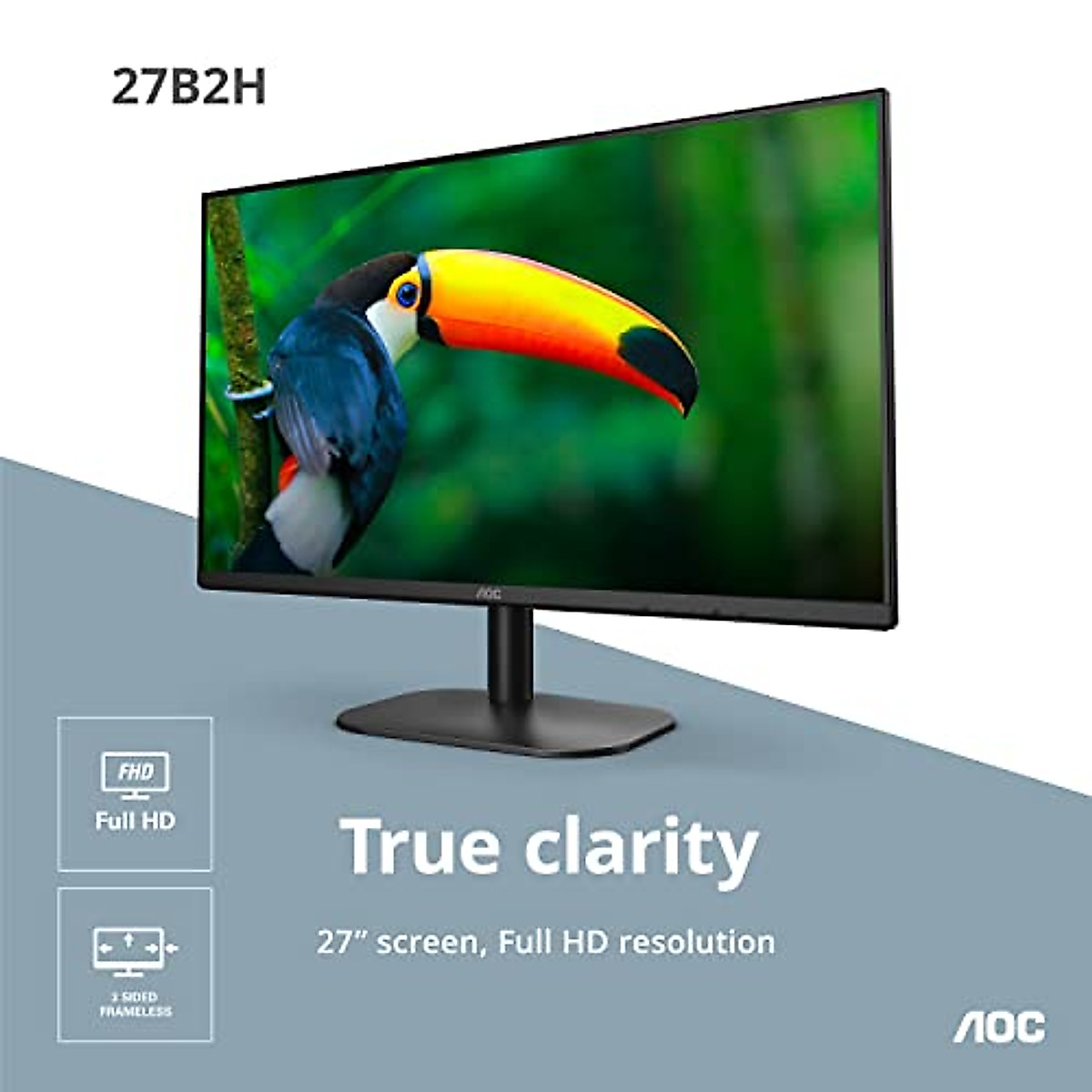 AOC 27B2H 27" Full HD IPS Monitor, 3-Sided Frameless & Ultra Slim Design, HDMI and VGA inputs, Lowblue Mode, VESA compatible,Black