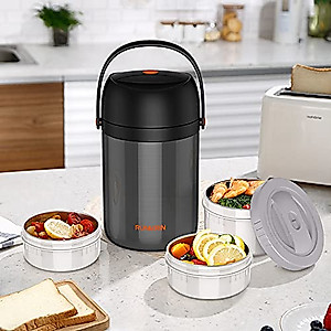 Runkrin Insulated Food Jar 64oz for Hot Food 6 Hours, 3 Tiers Leak-Proof Stackable Thermal Lunch Box Containers, Stainless Steel Vacuum Soup Storage for Men Women