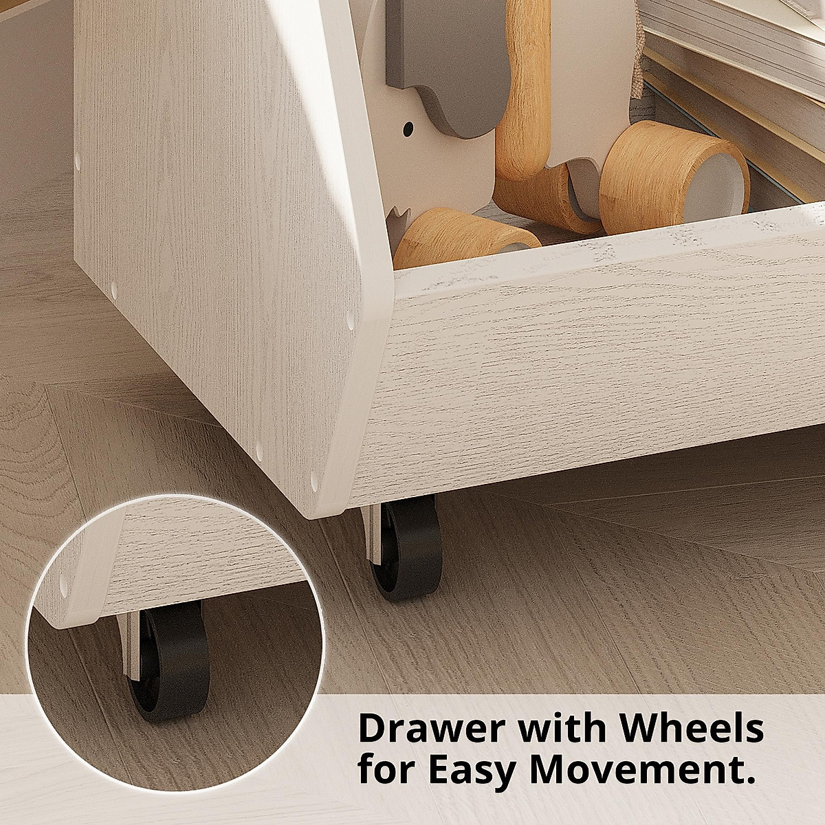 IRONCK Toy Storage Organizer, Kids Bookshelf with 2 Movable Cubby Drawers, Top Toy Shelf with Crossbar, Storage Cabinet for Nursery, Playroom, White