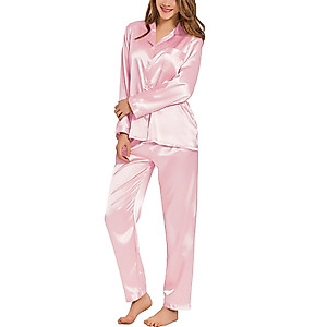 SWOMOG Long Sleeve Pajamas Set Silk Satin Sleepwear Button Down Pjs Loungewear with Pocket Light Pink Medium