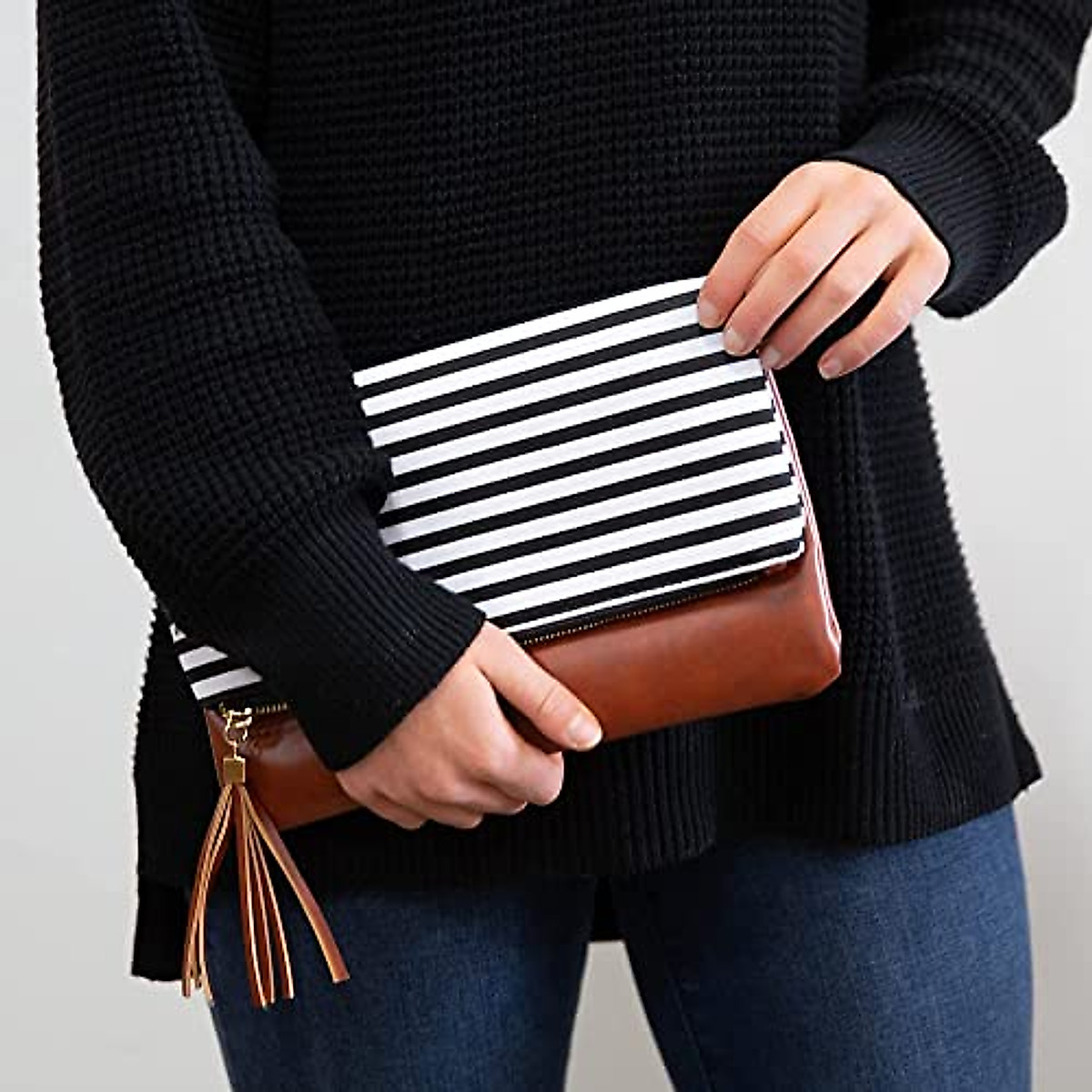 Funky Monkey Fashion Striped Wristlet Wallet Clutch Black & White, Foldover Style