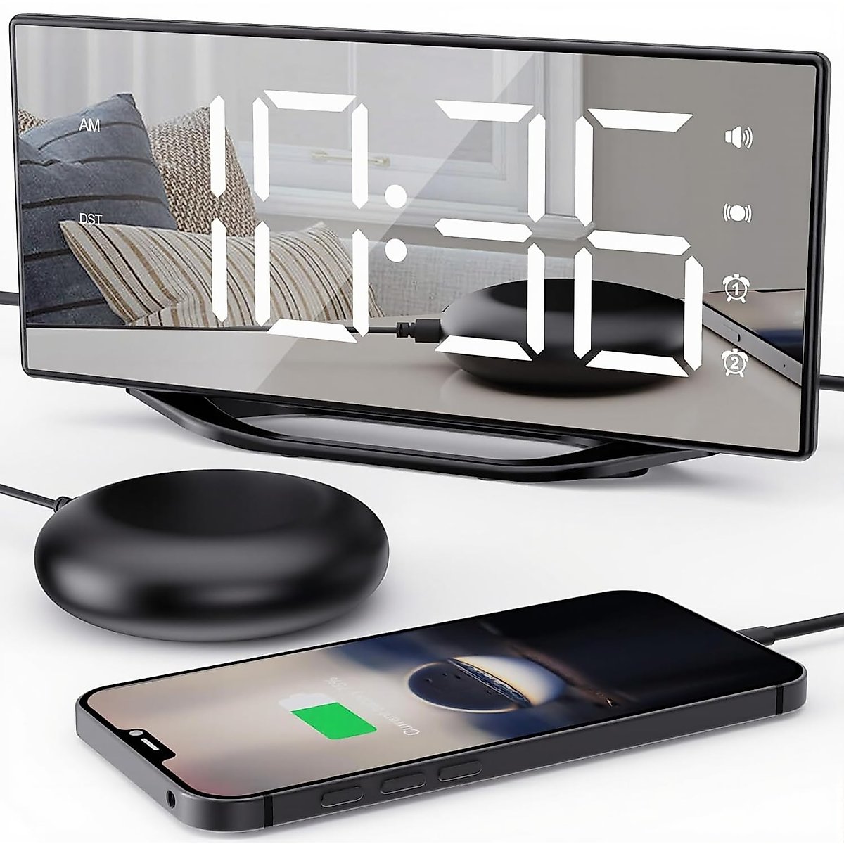 OnLyee Dual Extra Loud Alarm Clock for Heavy Sleepers, Vibrating Alarm Clock with Bed Shaker, 8.7" Large LED Mirror Display, USB Charger, Dimmer, Snooze & Battery Backup