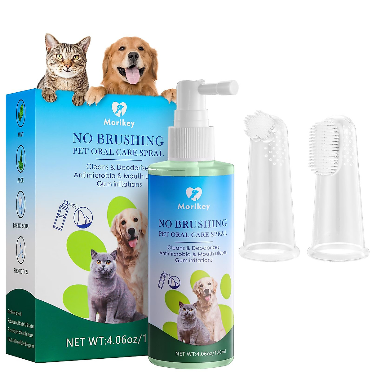 Morikey Pet Oral Spray Clean Gentle Bad Breath Treatment, Cleaning for Teeth, Gums and Oral Health Care for Your Dogs and Cats 2 Teeth Brushes Included 4.06 Fl Oz