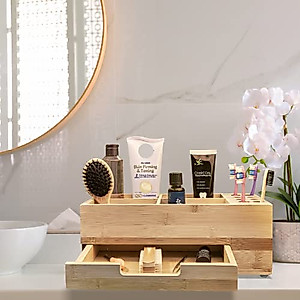 Prosumer's Choice Bamboo Bathroom Organizer, Makeup Vanity Countertop Organizer, Cosmetic Display Case with Toothbrush Holder and Storage Tray with Large Drawer