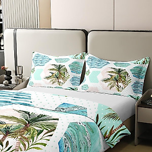 Manfei Tropical Palm Tree 100% Organic Cotton Comforter Cover Geometric Honeycomb Duvet Cover Set Queen Size for Bedroom Summer Beach Ocean Bedding Set with 2 Pillowcases
