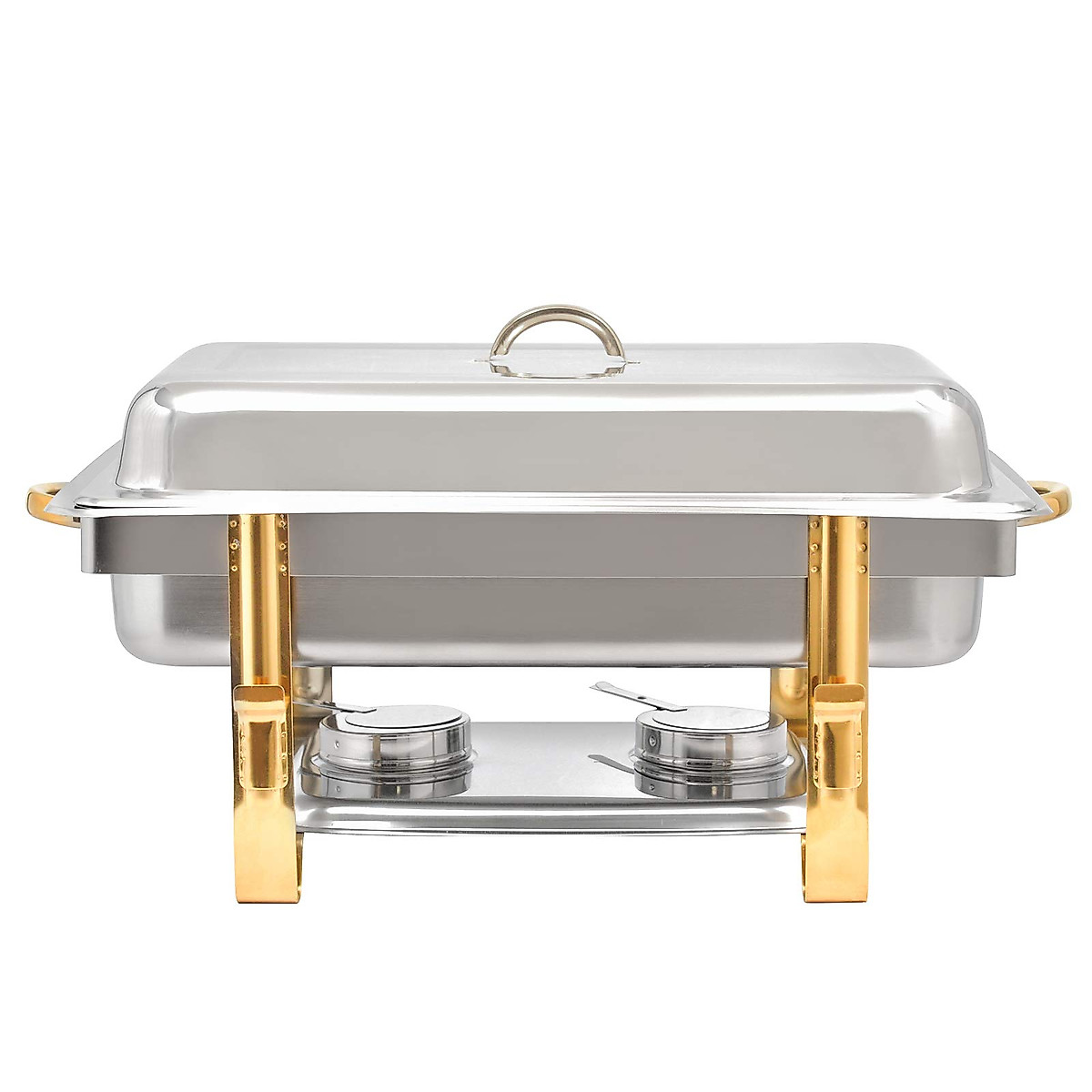 9.5QT Chafing Dish Stainless Steel Chafer Complete Set, Rectangular Chafing Dish Buffet Set Catering Warmer Set with Food and Water Trays Lid Folding Frame Stand, Golden Handle