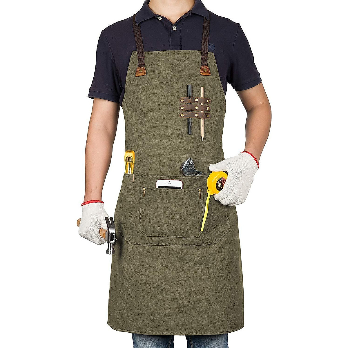 urhgart Waxed Canvas Work Aprons for Men & Women, Shop Apron, Heavy Duty Woodworking, Barista, Barber, Chef, Bartender, Metal Working, with Pockets (Green 1 Piece)