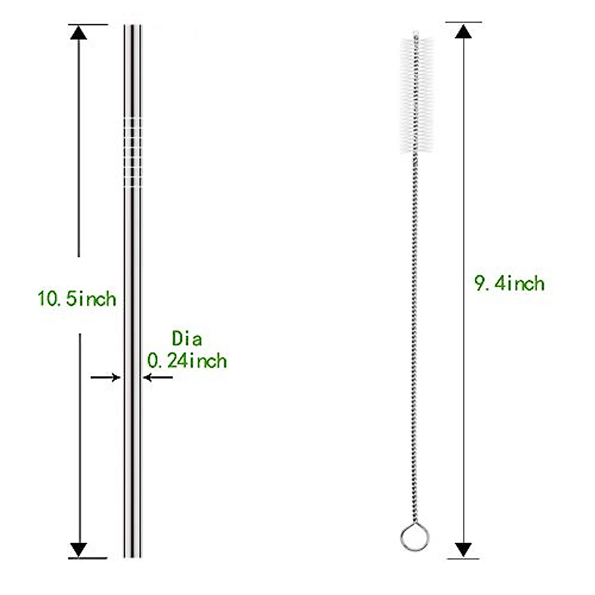 Set of 10 Stainless Steel Straws, HuaQi Straight Reusable Drinking Straws 10.5'' Long 0.24‘’ Dia for 30 oz Tumbler and 20 oz Tumbler, 2 Cleaning Brush Included (10 Straight Straws + 2 Brushes）