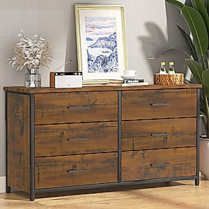 IKENO 6 Drawer Double Dresser, Industrial Wood Dresser for Bedroom, Storage Cabinet with Sturdy Steel Frame