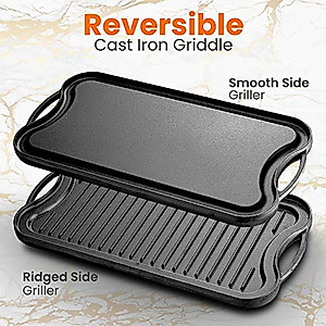 NutriChef Reversible Plate-PFOA & PFOS Free Oven Safe Flat Cast Iron Skillet Griddle Grilling Pan w/Scraper for Electric Stovetop, Ceramic NCCIRG64, BLACK