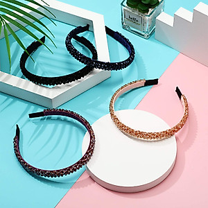 Crystal Rhinestone Beaded Headbands - 4 Pieces Shiny Non-Slip Bling Hair Accessories for Women and Girls (Purple, Black, Champagne, Navy Blue, 1.2 cm/ 0.5 Inch)