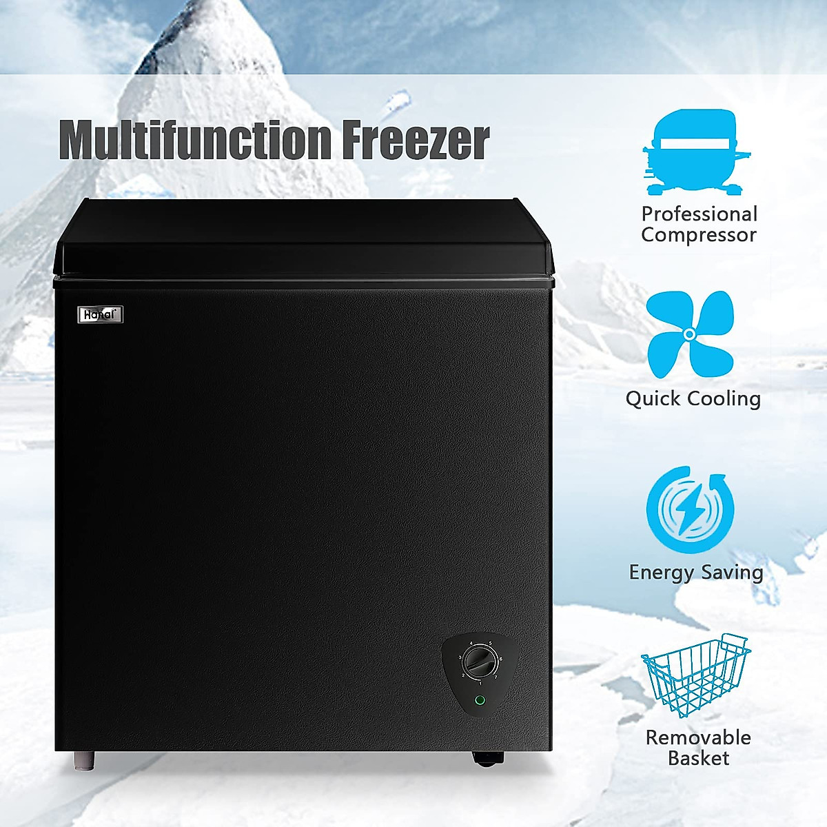 Chest Freezer 5.0 Cu.Ft Small Deep Freezer Black Top Door Mini Freezer with Removable Basket, Low Noise, 7 Adjustable Temperature and Energy Saving Perfect for Home Garage Basement Dorm or Apartment