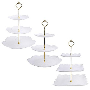 Tosnail 3 Pack 3 Tiers White Plastic Cupcake Stand Dessert Stand Tiered Serving Trays with Gold Rod - Round, Square, Flower