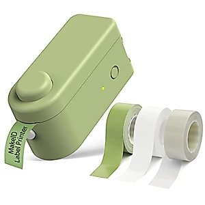 Makeid Label Maker Machine with 3 Tapes (White+ Green+ Transparent) 3/5 inch or 16mm USB Rechargeable Thermal Label Printer for Android iOS Cute Fonts Emoji Stickers Fast and Easy, Green