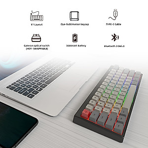 Ractous RTK61BP 60% Wireless Mechanical Gaming Keyboard,RGB Blacklit PBT Sublimation Keycaps 61keys Bluetooth5.1/Wried Gaming Keyboard for PC/Mac Gamers,Hot-Swap Gateron Optical Yellow Switch-Black