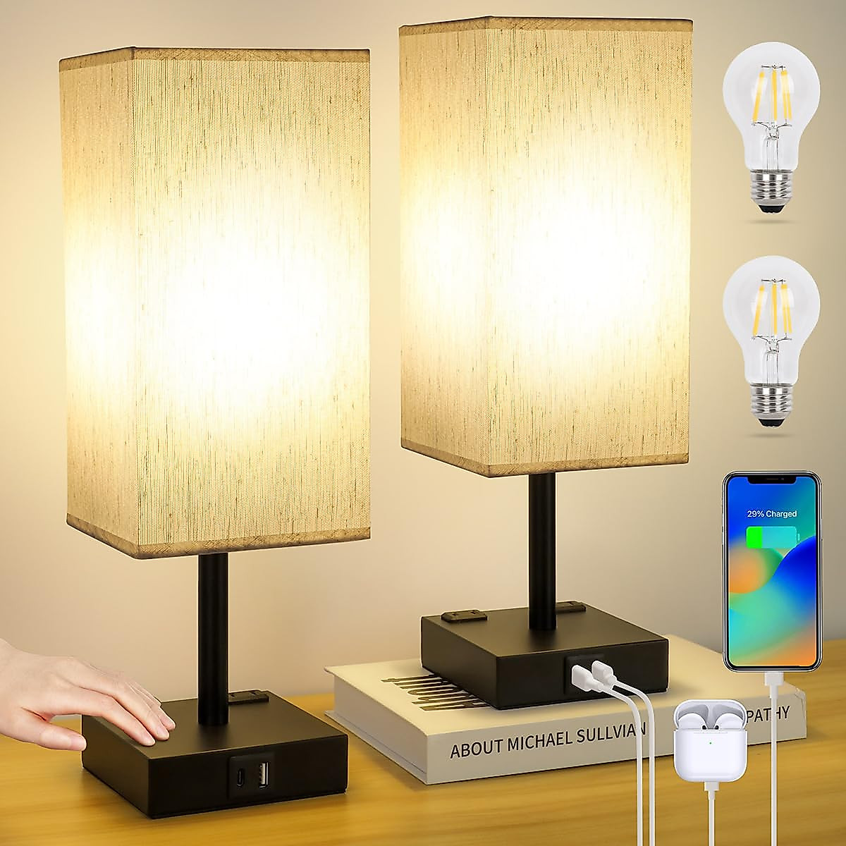 Touch Control Table Lamps Set of 2 - Nightstand Lamp for Bedroom with USB C+A Charging Ports & AC Outlets, 3-Way Dimmable Bedside Lamp Grey Fabric Shade for Bedroom Living Room, Office(Bulb Included)