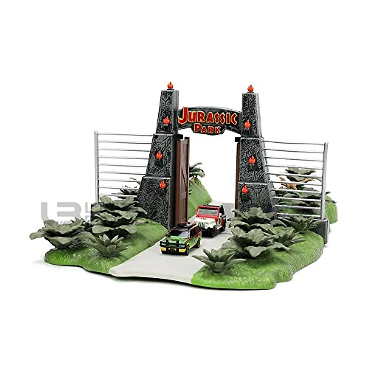 Nano Scene Jurassic Park 30th Anniversary Jurassic Gate Diorama w/ Two 1.65" Die-Cast Cars, Toys for Kids and Adults