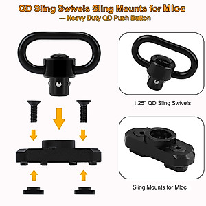 REERON 2 Point Sling & Mloc Sling Mount - Adjustable Extra Long Two Point Traditional Rifle Sling with 2 Pack 1.25" QD Sling Swivels Mounts for M Lock Rail System (2 Pack Mloc Sling Mounts)