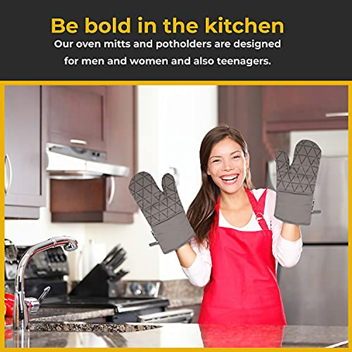 Oven Mitts & Pot Holders Sets - Kitchen Gloves & Towel Gift Box Set Gray 6Pcs by COOK TIDY - 13” Xtra Large Thick Washable - Professional & Heavy Duty - Protective Long Cuff for Cooking, Baking, BBQ