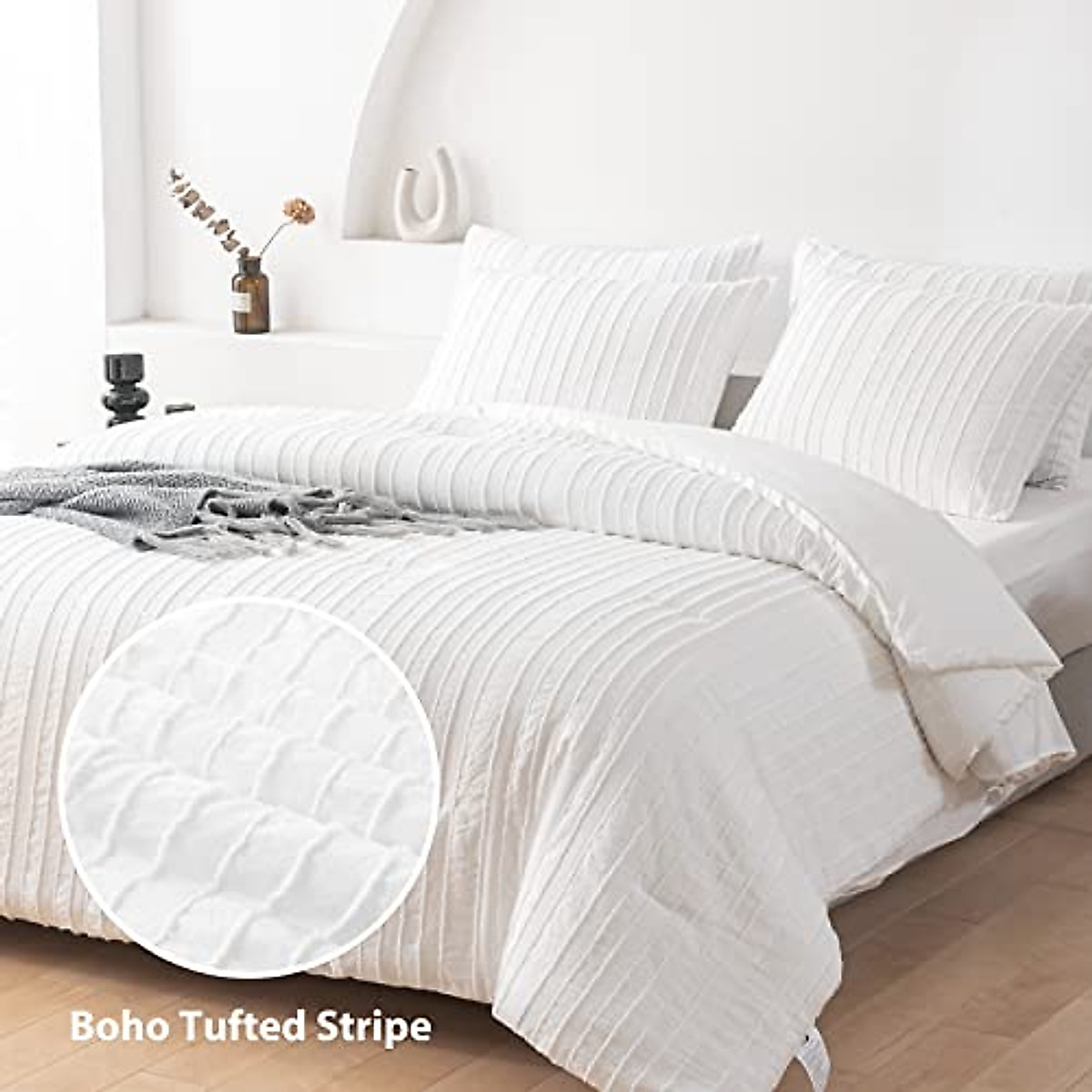 WARMDERN White Comforter Set King Size Soft Bedding Sets Boho Striped Pattern Lightweight Comforter for All Season Down Alternative Bed in A Bag 7 Piece(King, White)
