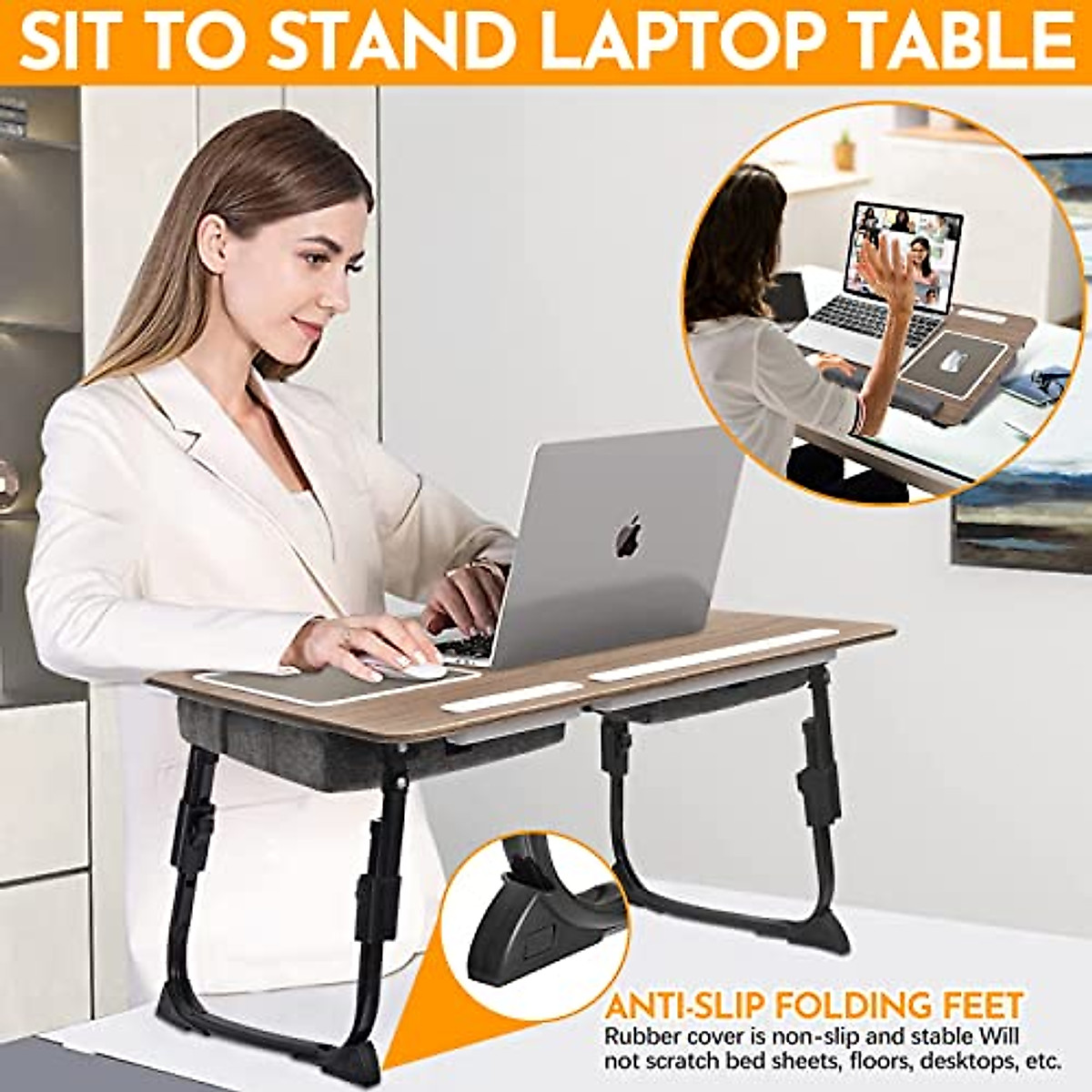 Lap Laptop Desk-Fits Up to 17.3 Inch Foldable Laptop Bed Tray Table with Adjustable Dual Cushion,Portable Wood Laptop Stand for Sofa Bed,Laptop Desk with Multifunctional Slot（Coffee Color）