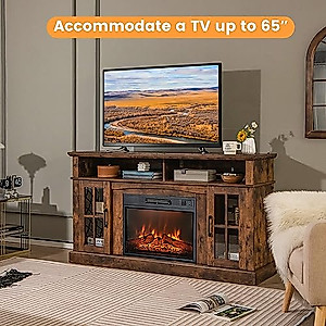 Tangkula Fireplace TV Stand for TVs Up to 65 Inch, Electric Fireplace TV Console w/Remote Control, Overheat Protection, 3-Level Adjustable Brightness, TV Entertainment Center w/23” Fireplace Insert