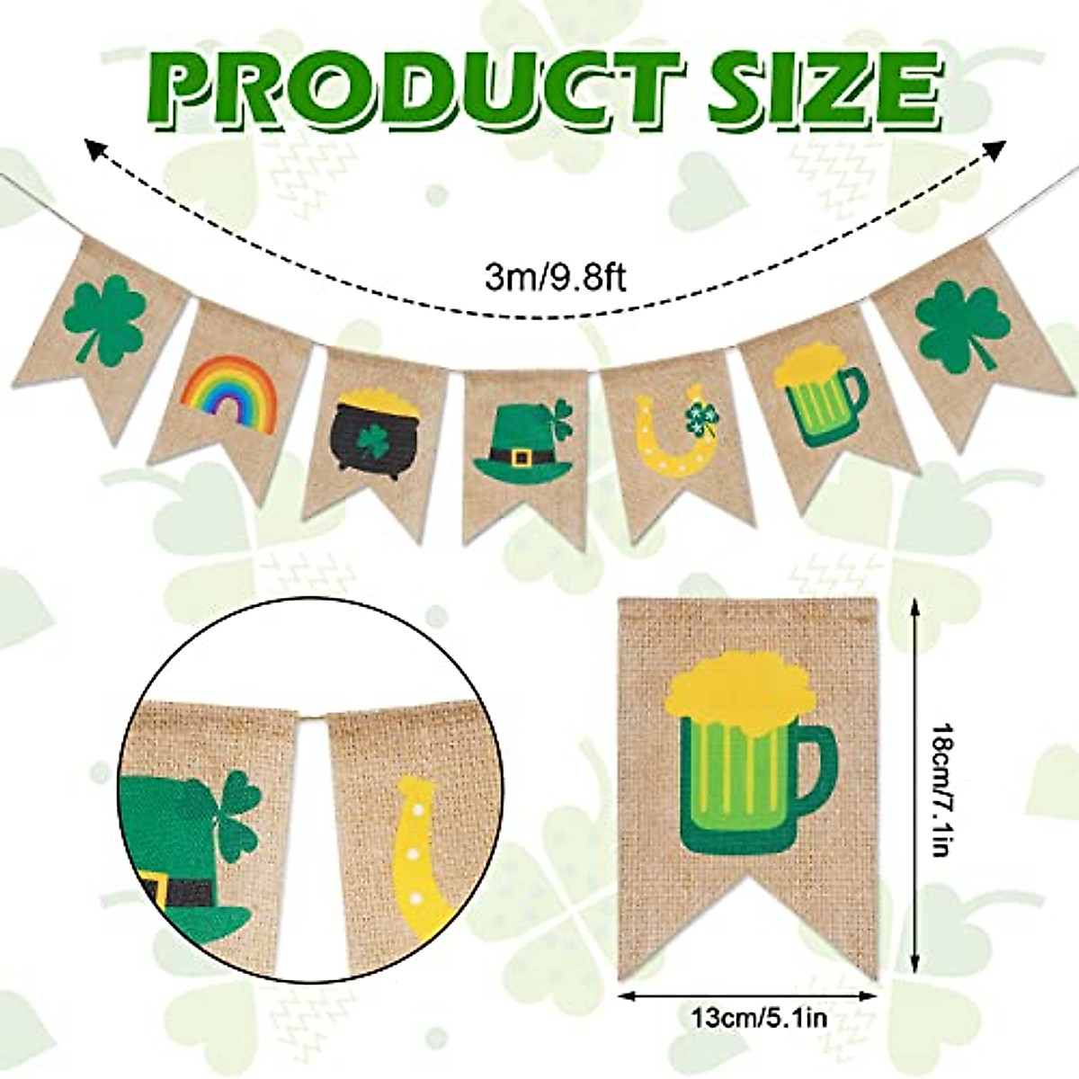 AnyDesign St. Patrick's Day Burlap Banner Shamrock Clover Rainbow Hanging Banner Rustic Pre-Assembled Irish Holiday Bunting Garland for Party Home Office Mantel Fireplace Wall Decoration