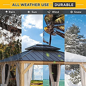 EROMMY 11'x13' Wood Gazebo, Outdoor Hardtop Gazebo Pavilion with Netting and Curtains, Spruce Wooden Frame Double Roof Metal Canopy for Patio Backyard Deck Garden