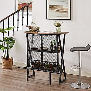 VECELO 3 Tier Oval Table Versatile Use Bar Cabinet with Open Storage Display Shelf and Footrail, Brown