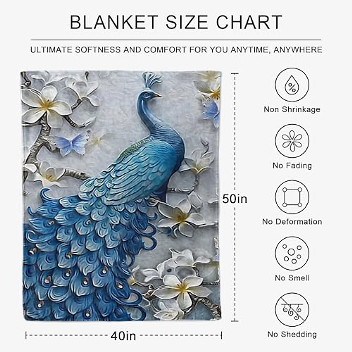 Throw Blanket Blue Peacock Super Soft Warm Large Flannel Blanket Bird Blanket Print Throw Blanket Lightweight Cozy Moving Blankets Fuzzy Blanket for Bed Couch Sofa 40x50inch